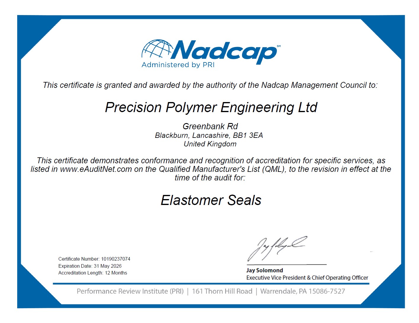 Nadcap re-accreditation for Elastomer Seals - Precision Polymer Engineering
